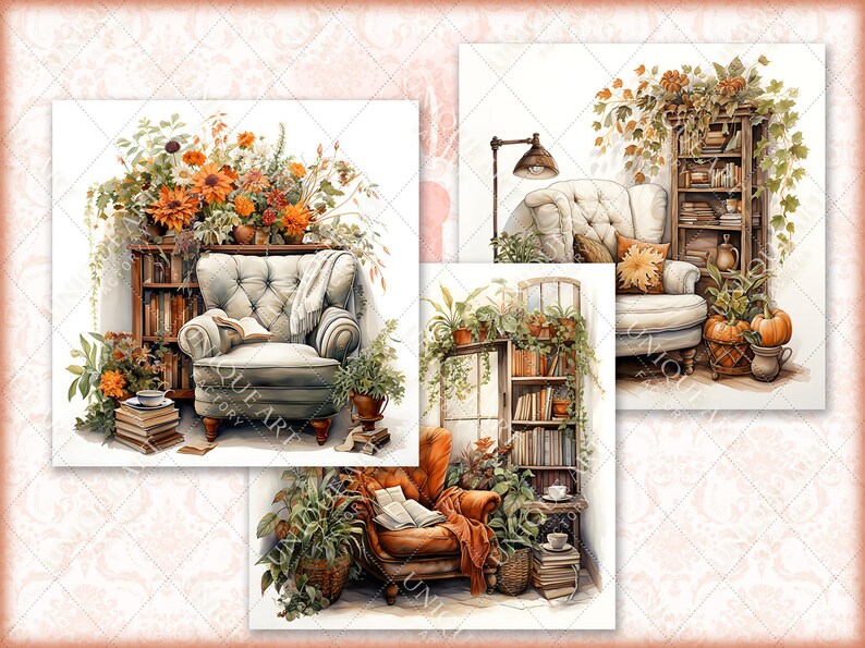Autumn Cozy Reading Corner, Printable 18 JPG Image, Watercolor Cliparts ...