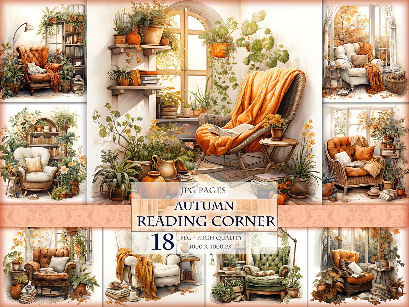 Autumn Cozy Reading Corner, Printable 18 JPG Image, Watercolor Cliparts ...