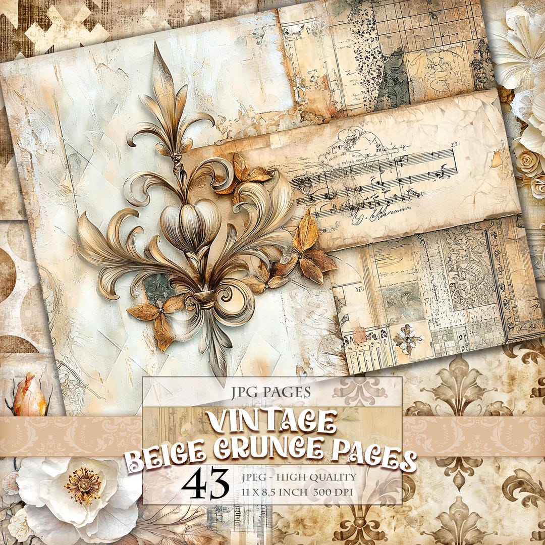 Vintage Beige Grunge Pages, Printable 43 JPG Image, Junk Journal Folio ...