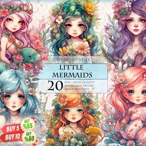 Little Cute Mermaids, Magical Sea Maiden, Princess, Watercolor Clipart ...