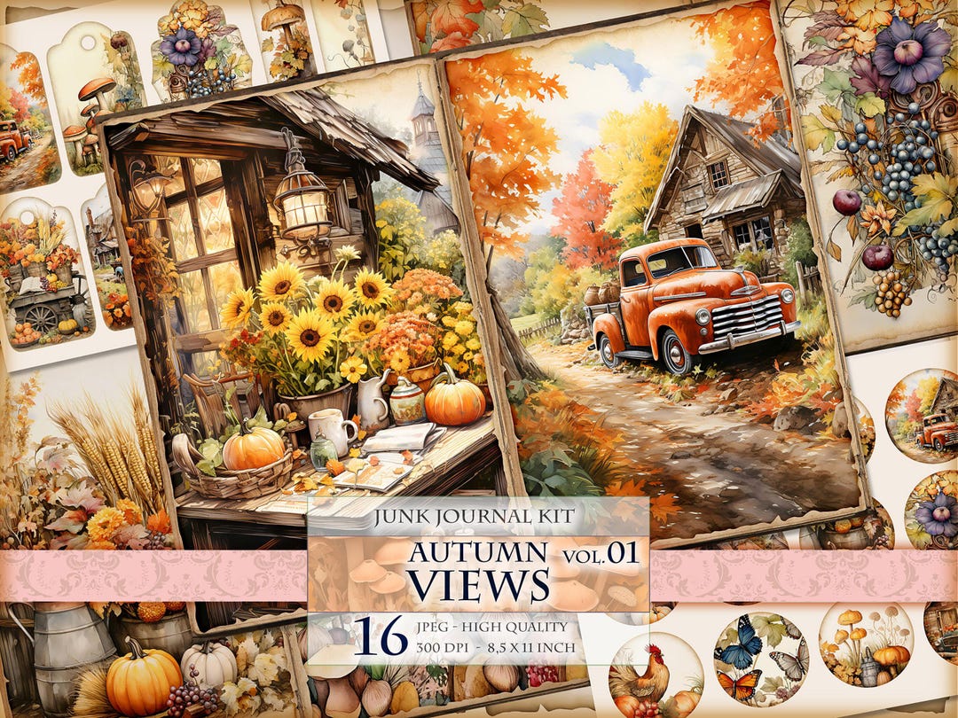 Autumn Views Vol.01, Fall Landscape Watercolor Junk Journal Kit, 16 JPG ...