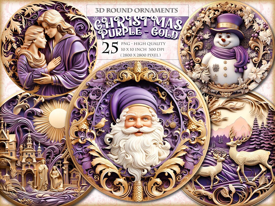 Purple and Gold - 3D Christmas Round, Clipart Bundle, 25 HQ Printable ...