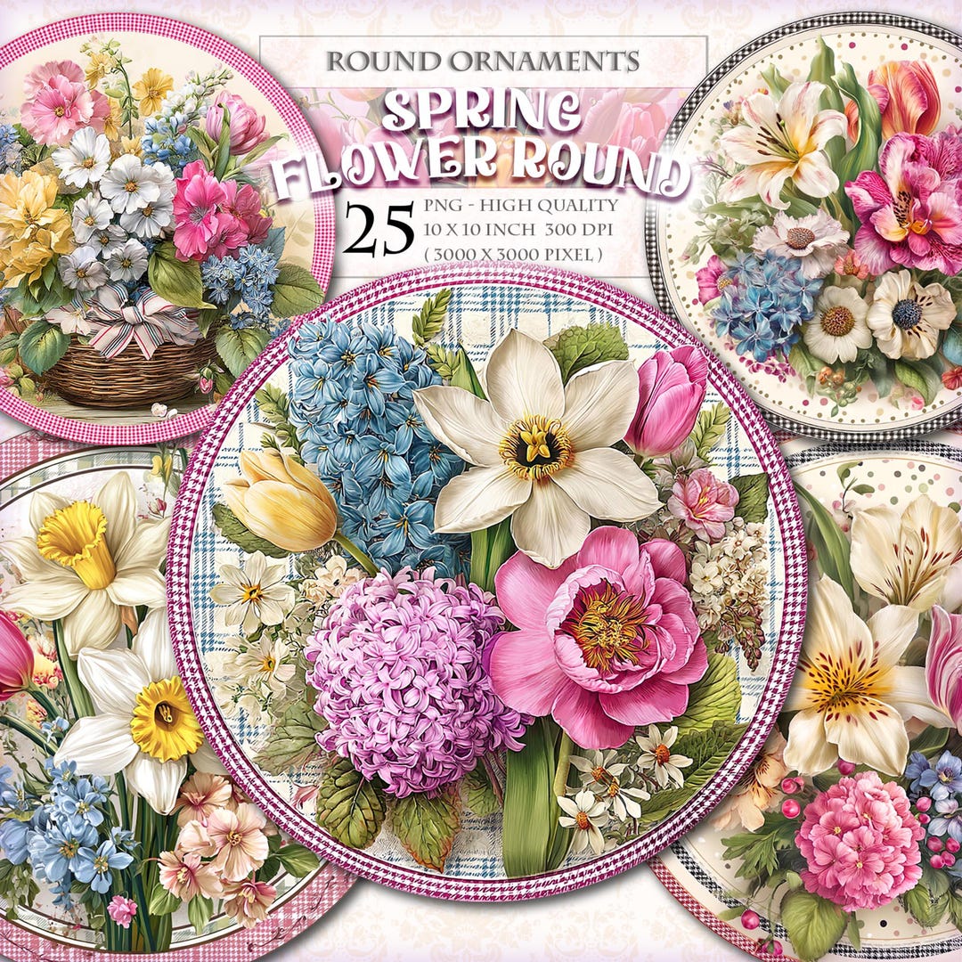 Clipart de flores de primavera redondas, imagen PNG imprimible de 25 ...