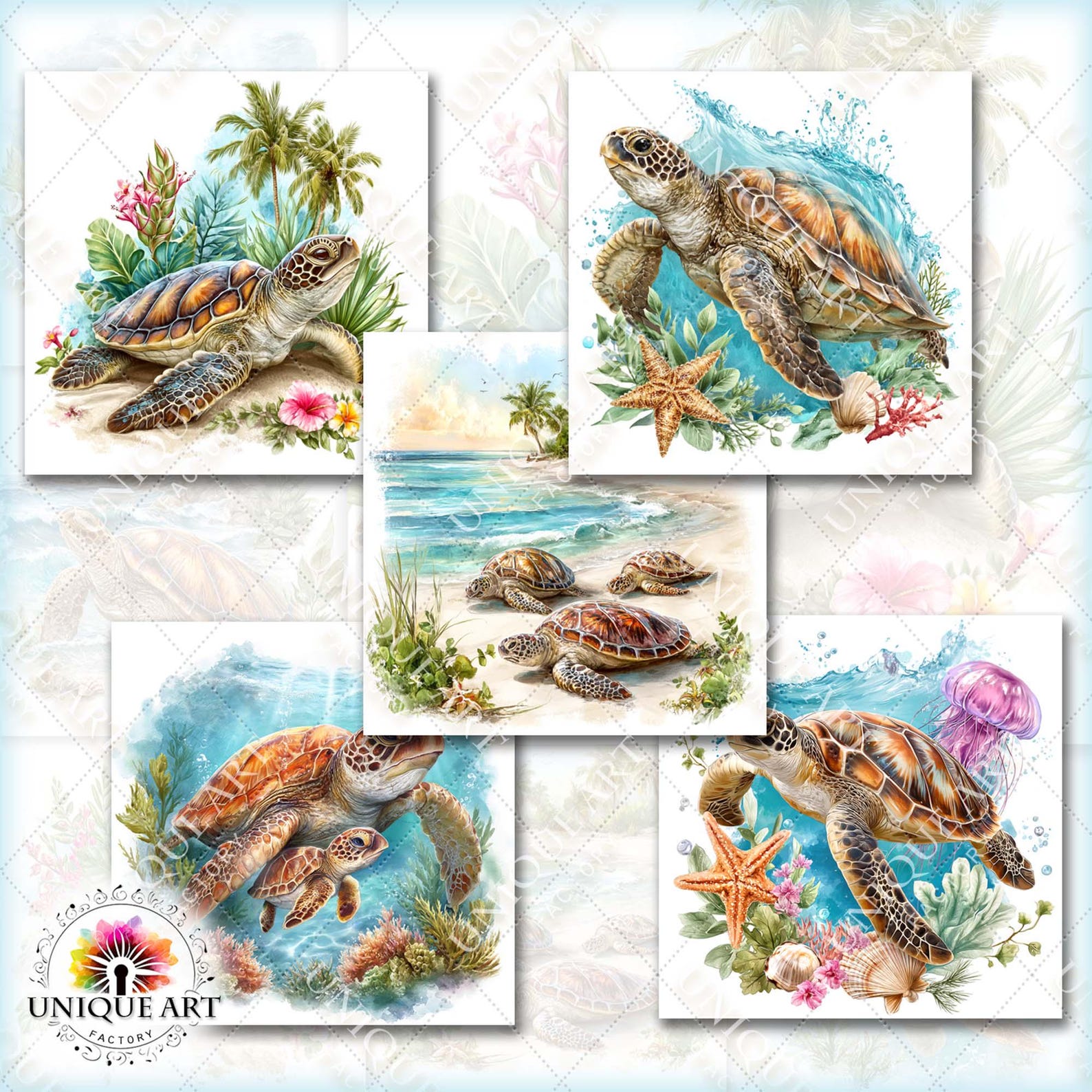 Sea Turtles Clipart Set, Printable 20 JPEG Image, Caretta Caretta Wall ...