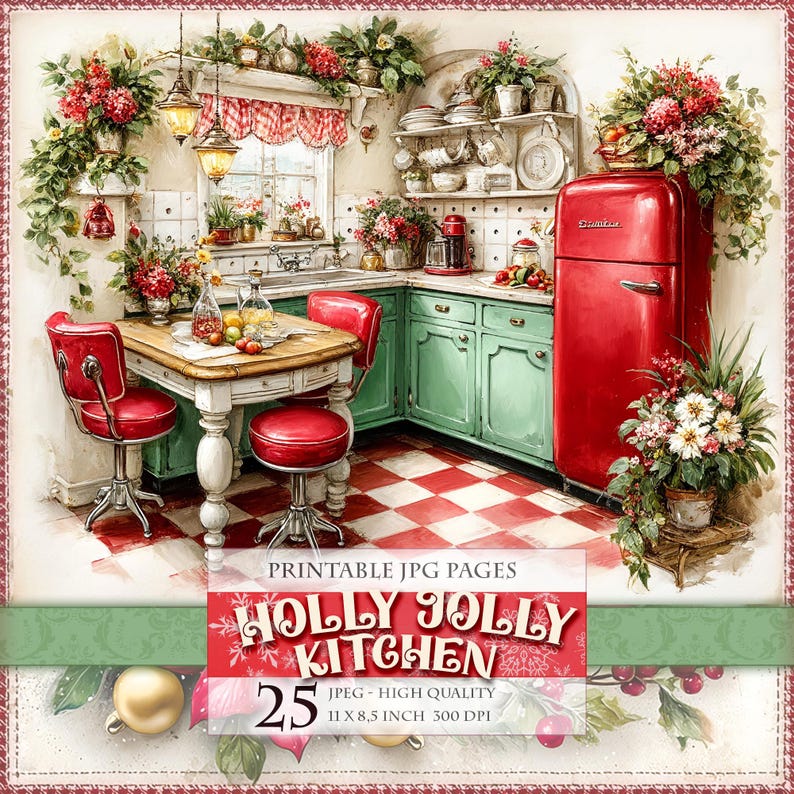 Holly Jolly Kitchen, Christmas Interior, Printable 25 JPG Image, Cozzy ...