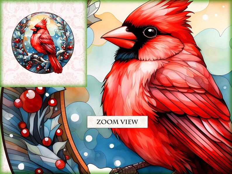 Christmas - Stained Glass Red Cardinal, Noel Birds, Watercolor Clipart ...