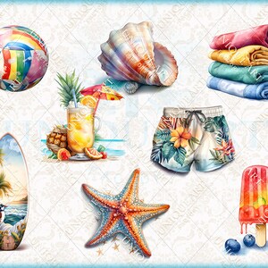 Summer Beach Colorfully, Watercolor Clipart Bundle, 32 HQ Printable PNG ...