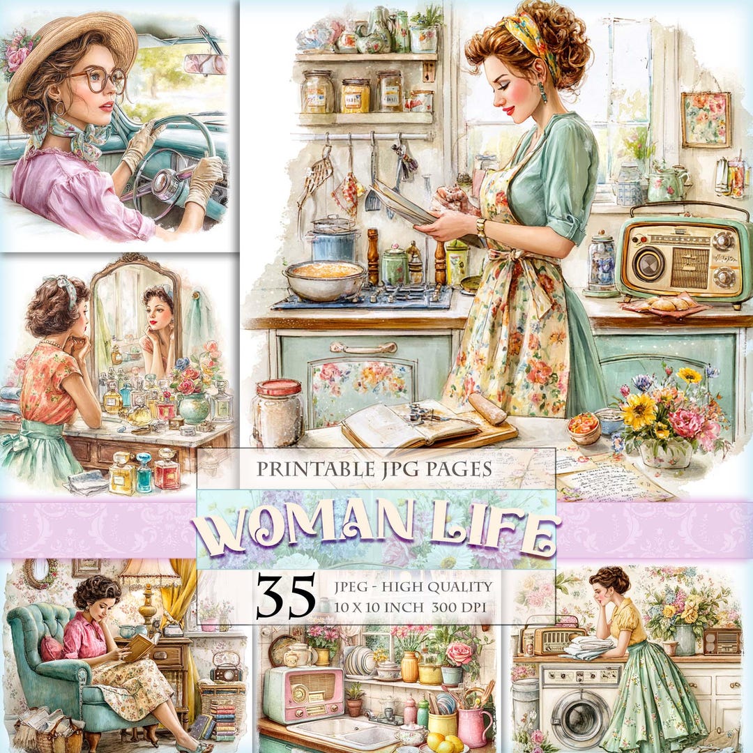 Women Life Clipart Set, Printable 30 JPEG Image, Cozy Everyday Moments ...