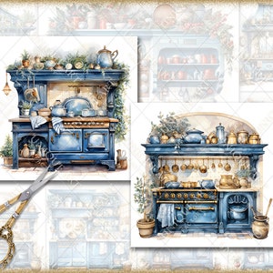 Rustic Blue Kitchens, Watercolor Printable Pages, Digital Collage Sheet ...
