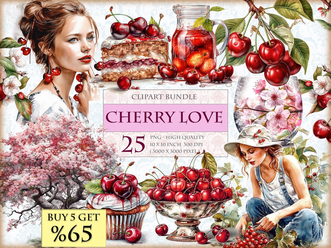 Cherry Love Cherry Themed Watercolor Clipart Bundle, HQ Printable PNG ...