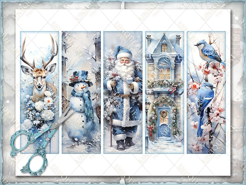 Blue Christmas Bookmarks, Vintage Noel, Watercolor Digital Sheets, 2x6 ...
