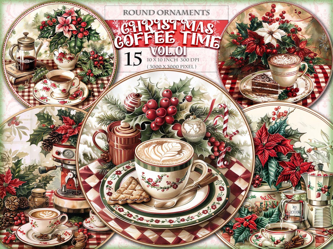 Christmas Coffee Time Round Vol.01, Watercolor Clipart Bundle, 15 HQ ...