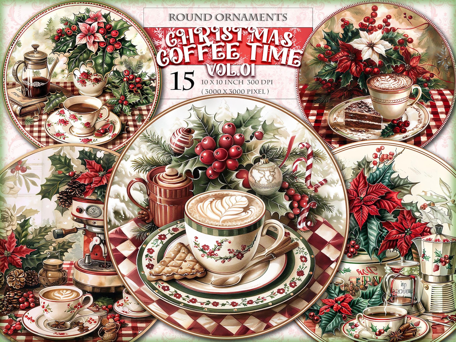 Christmas Coffee Time Round Vol.01, Watercolor Clipart Bundle, 15 HQ ...