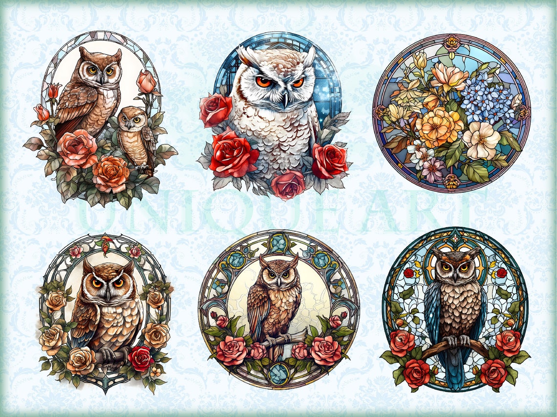 Owl and Roses Stained Glass Watercolor Clipart Bundle HQ - Etsy