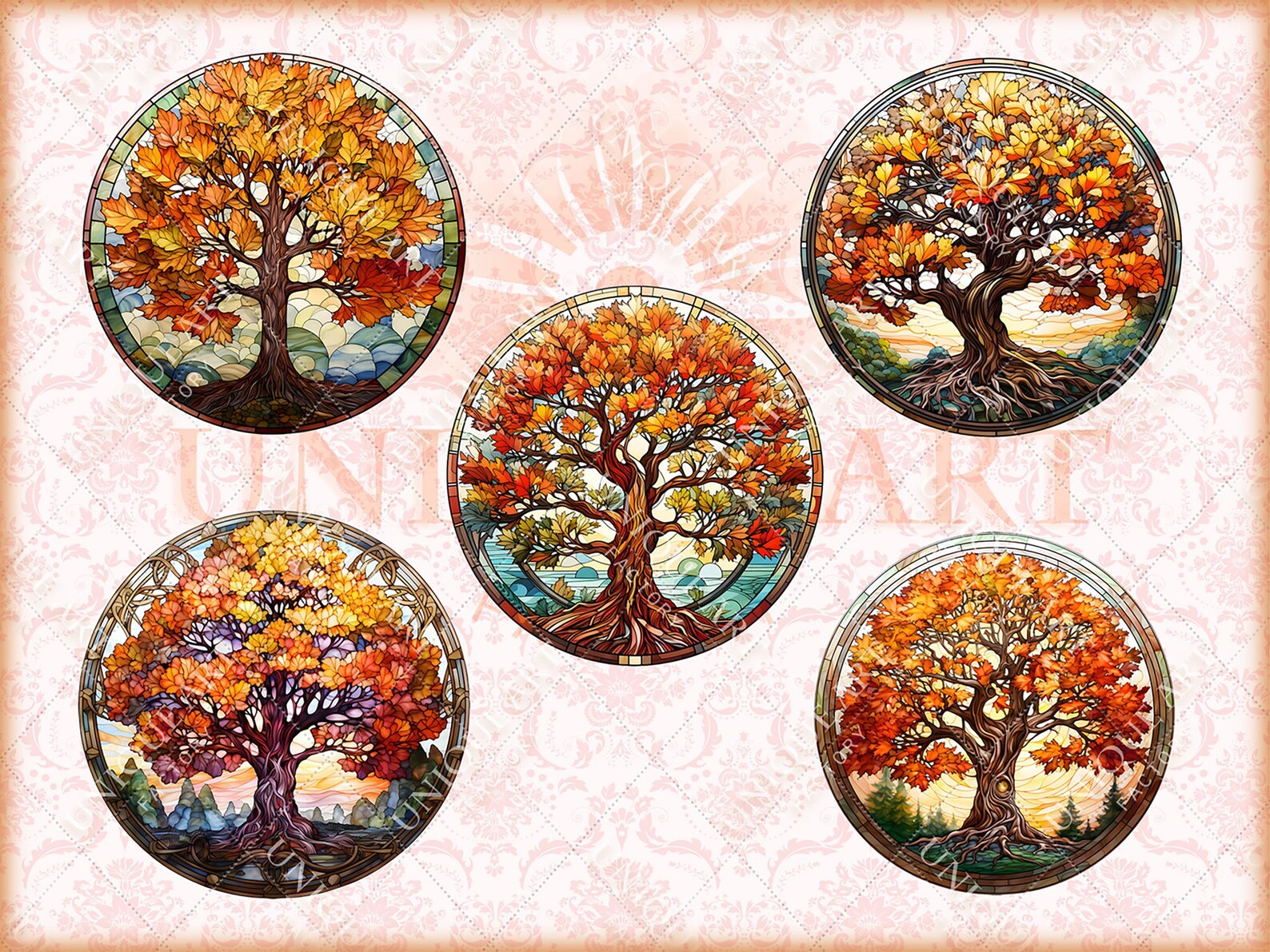 Autumn Sycamore Trees, Stained Glass Watercolor Clipart Bundle - HQ ...