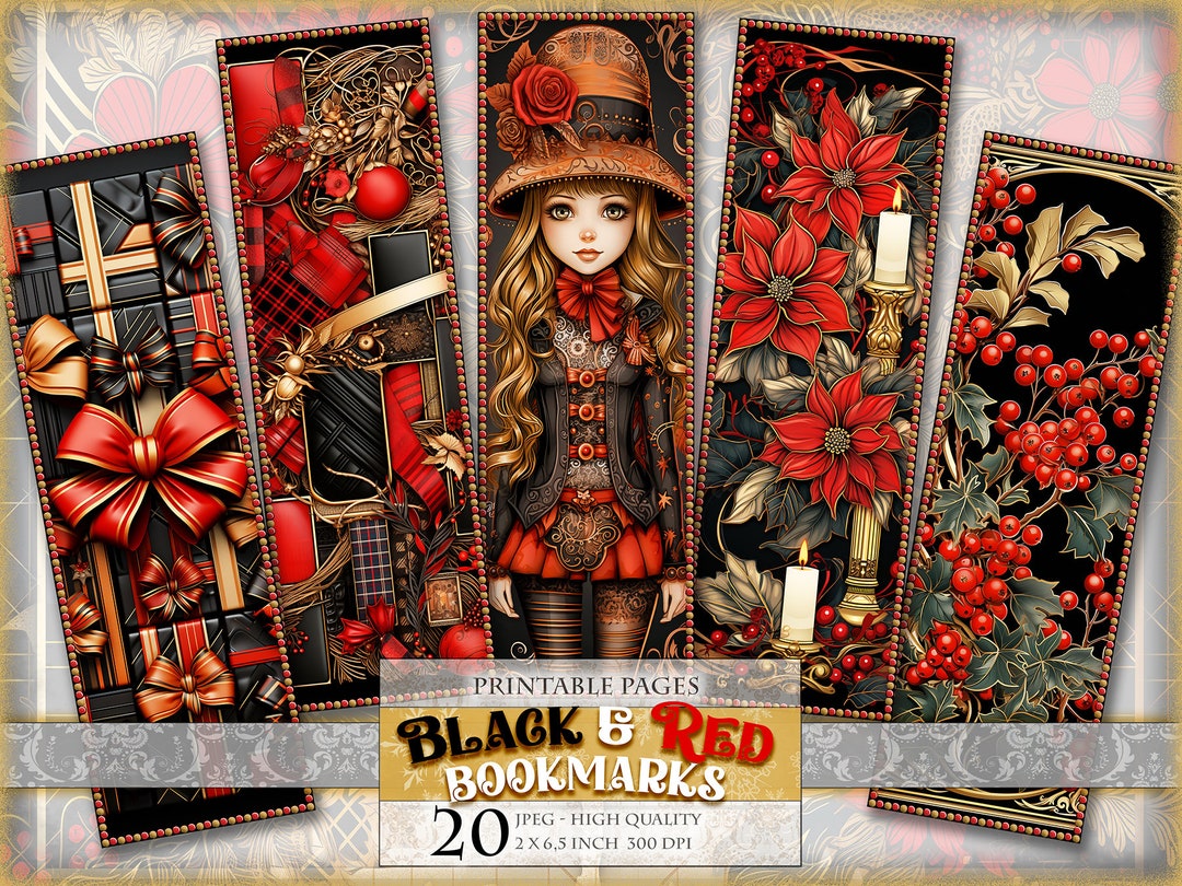 Black and Red Bookmarks, Vintage Noel, Watercolor Digital Sheets, 2x6,5 ...