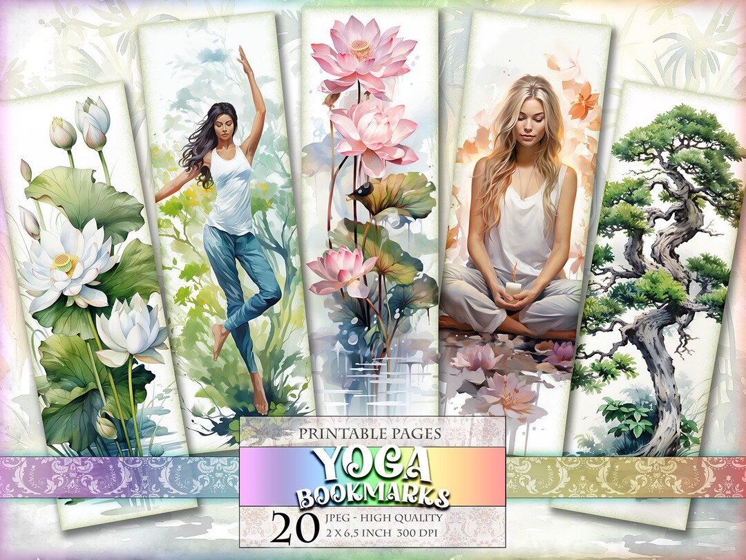 Yoga Bookmarks, Watercolor Digital Sheets, 2x6,3 Inch 20 Bookmarks in 4 ...