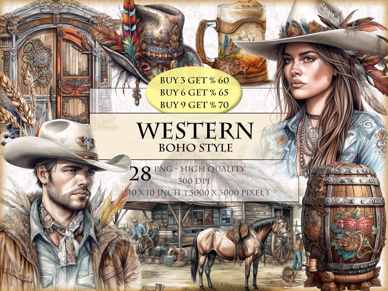 Western Texas Cowboy Ranch Boho Style Watercolor Clipart - Etsy