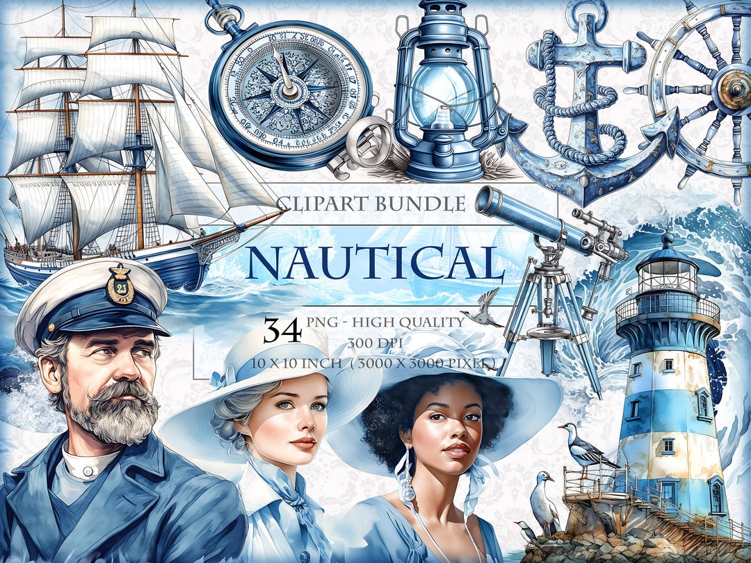 Nautical Marine Themed Watercolor Clipart Bundle HQ Printable PNG ...
