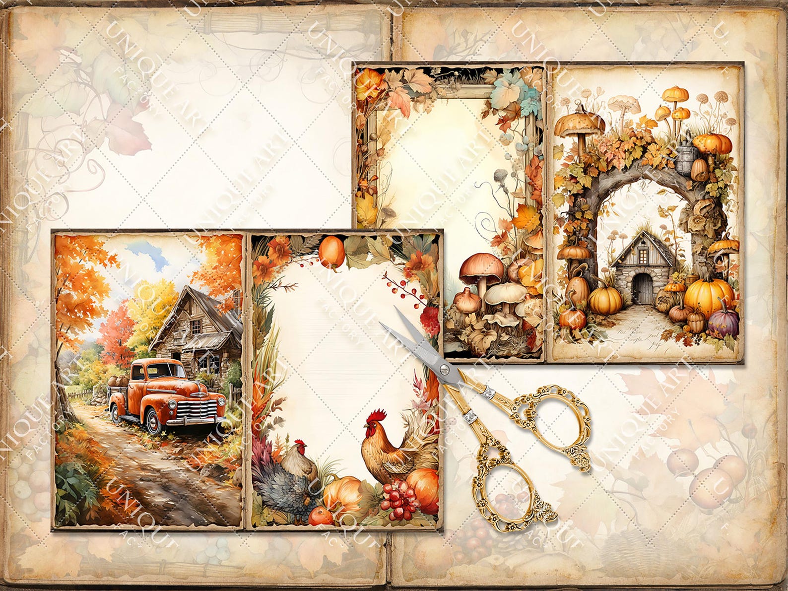 Autumn Views Vol.01, Fall Landscape Watercolor Junk Journal Kit, 16 JPG ...