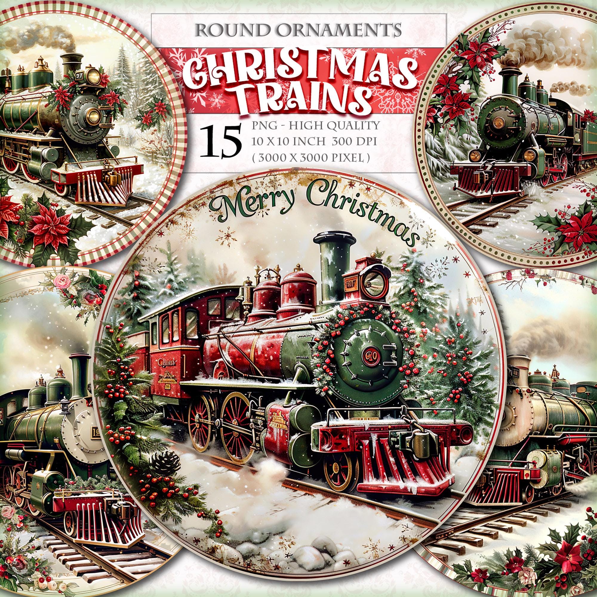 Christmas Train Round Ornaments, Watercolor Clipart Bundle 15 Printable ...