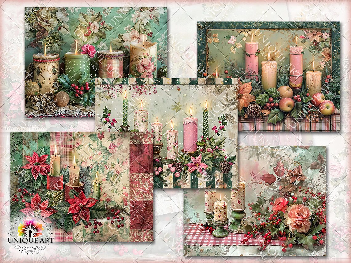 Christmas Floral Candles, Digital Collage Sheet, Printable Pages, HQ 30 ...