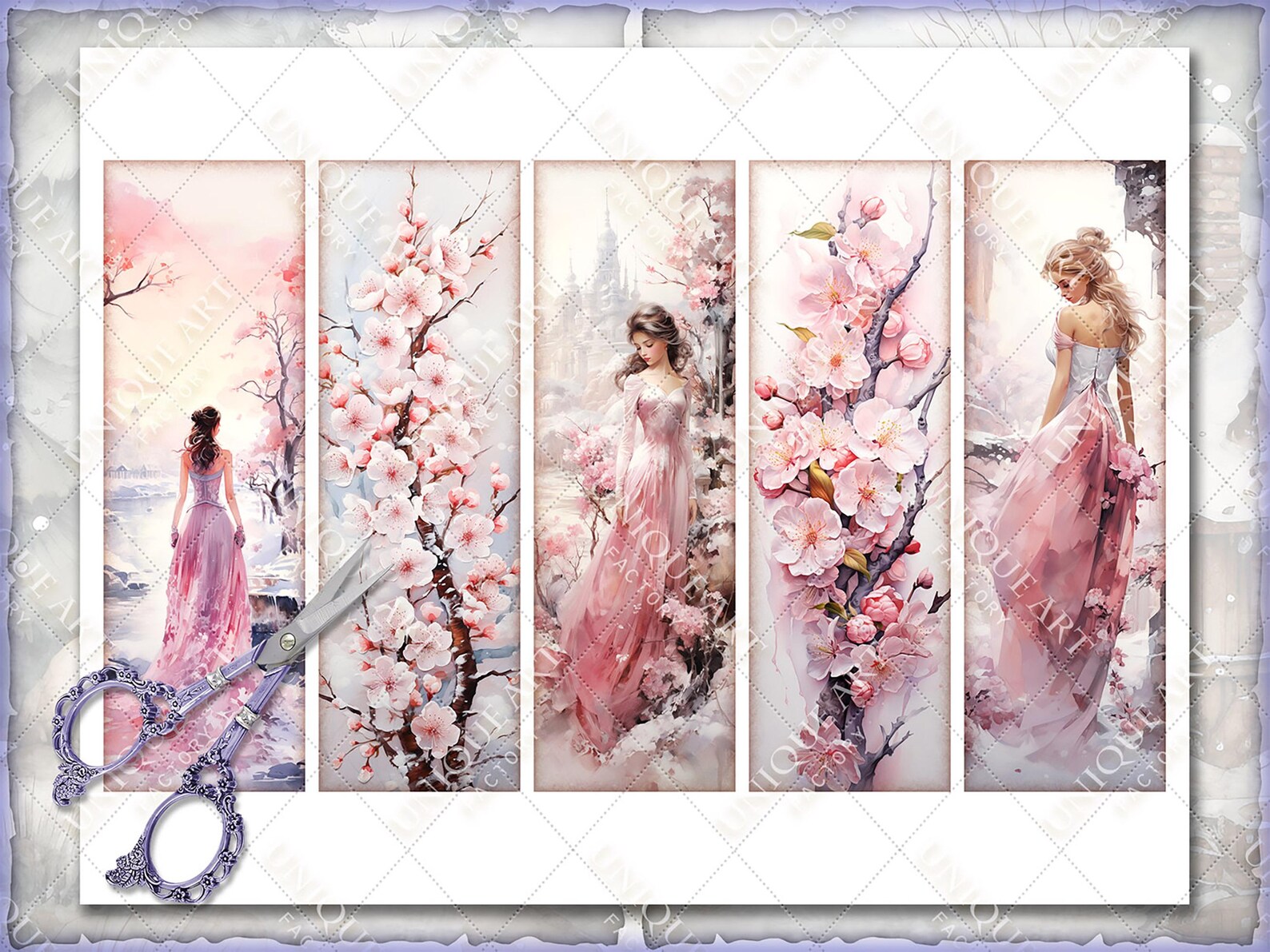 Romantic Pink Winter Bookmarks, Watercolor Digital Sheets, 2x6,3 Inch ...