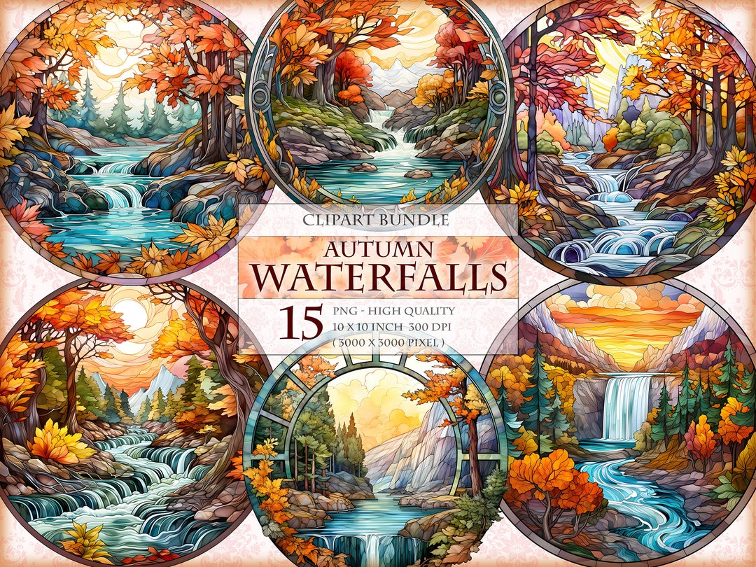 Autumn Waterfall, Stained Glass Watercolor Clipart Bundle HQ Printable ...