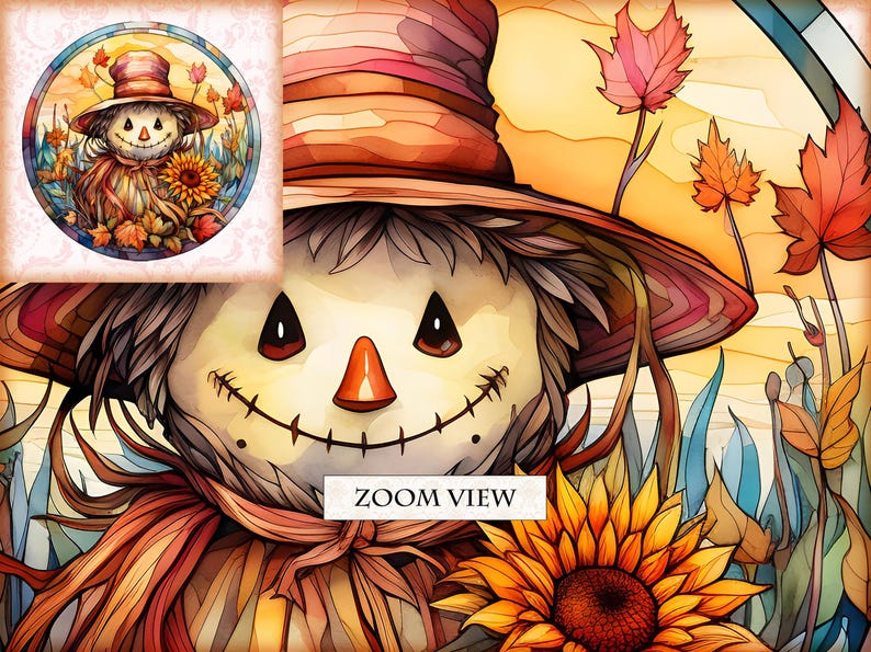 Autumn Scarecrow, Stained Glass Watercolor Clipart Bundle, 15 HQ ...