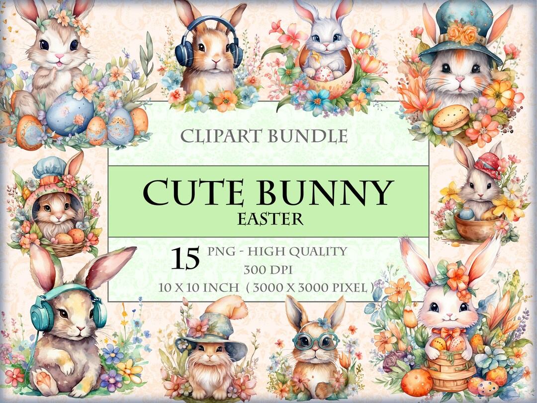 Cute Bunnys Easter Watercolor Clipart Bundle Rabbit Flowers - Etsy