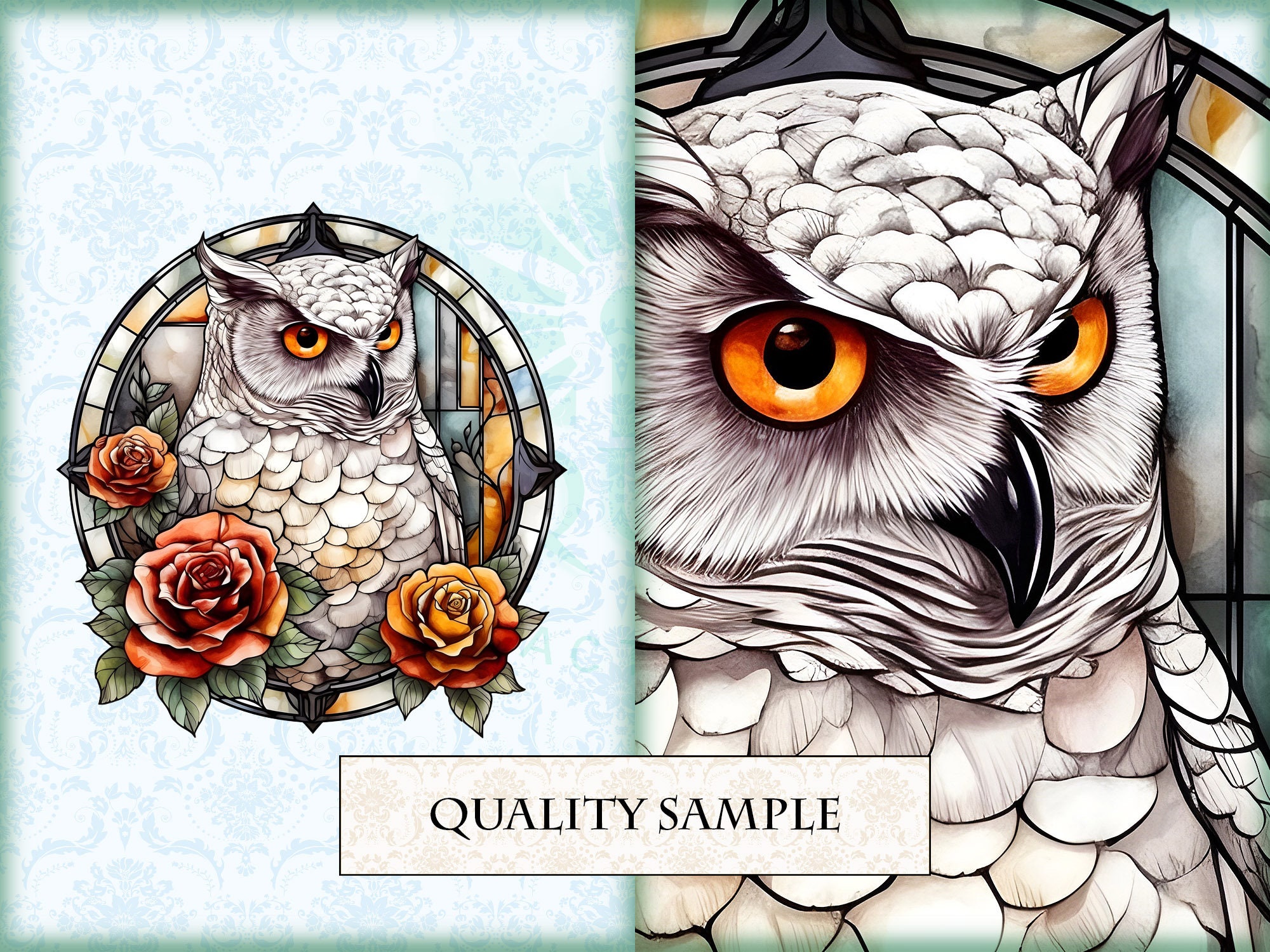 Owl and Roses Stained Glass Watercolor Clipart Bundle HQ - Etsy