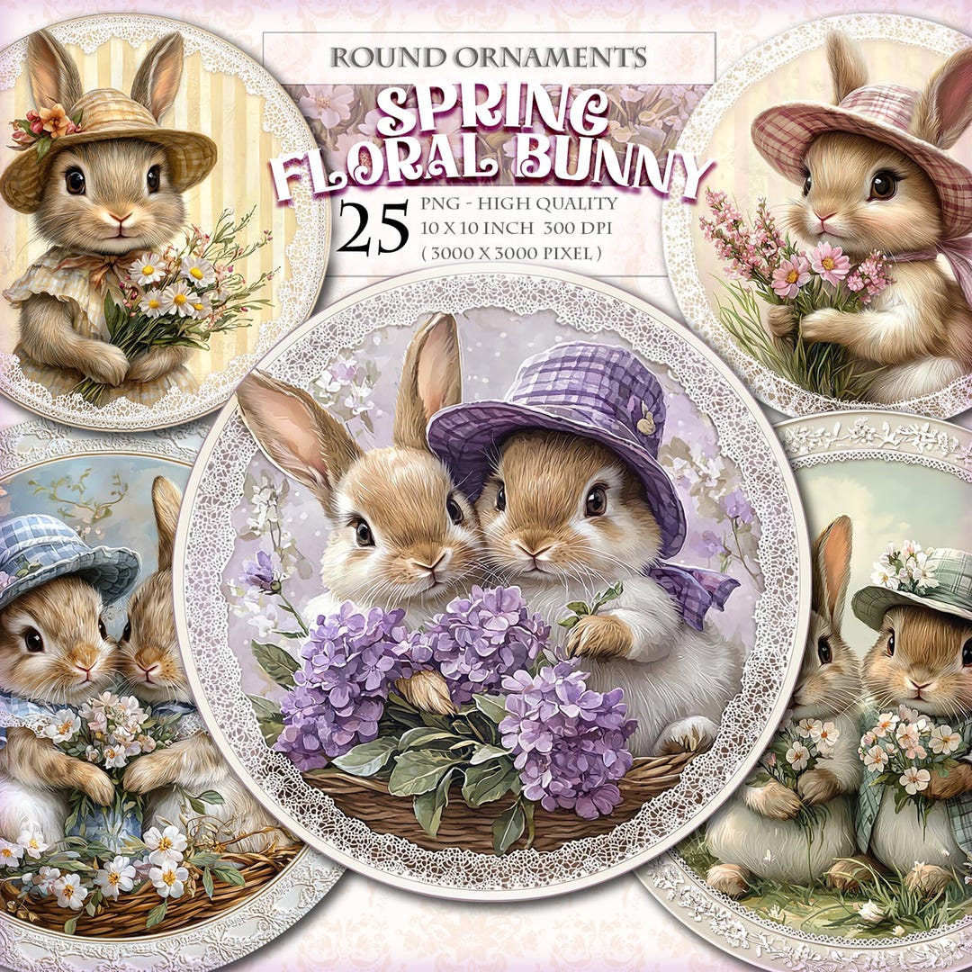 Spring Floral Bunny, Printable 25 PNG Round Clipart, Scrapbook Ephemera ...