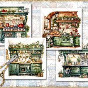 Rustic Green Kitchens, Watercolor Printable Pages, Digital Collage ...