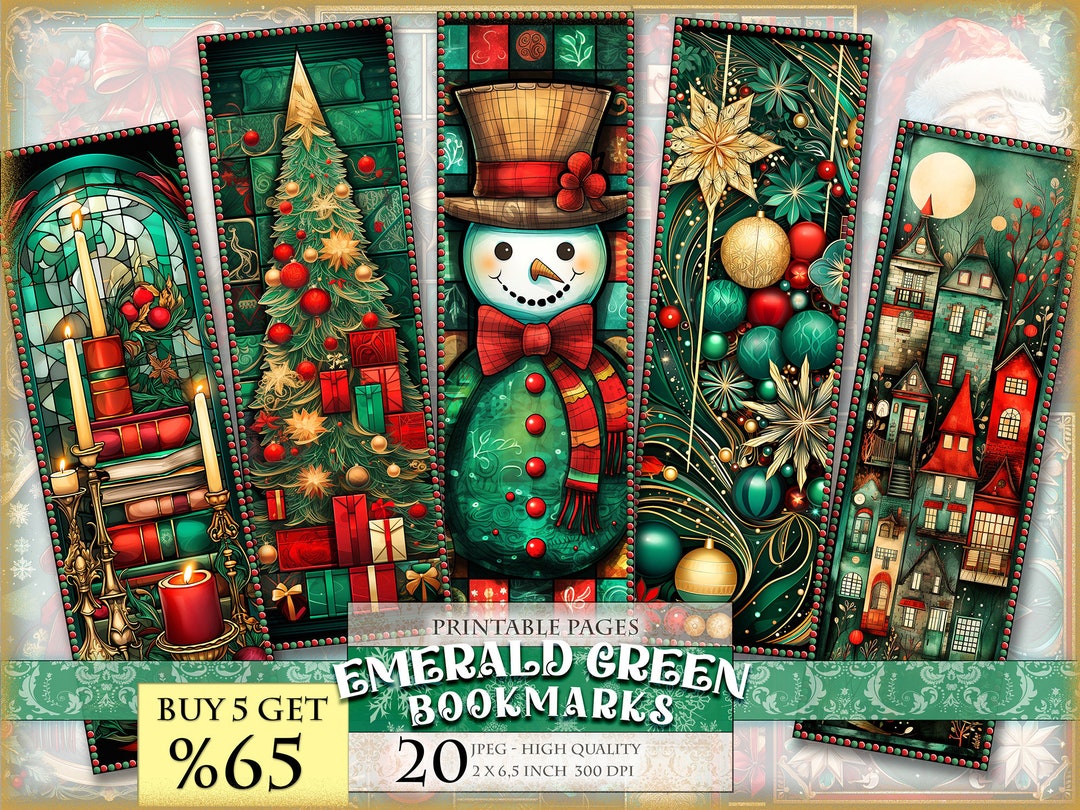 Emerald Green and Red Bookmarks, Vintage Noel, Watercolor Digital ...