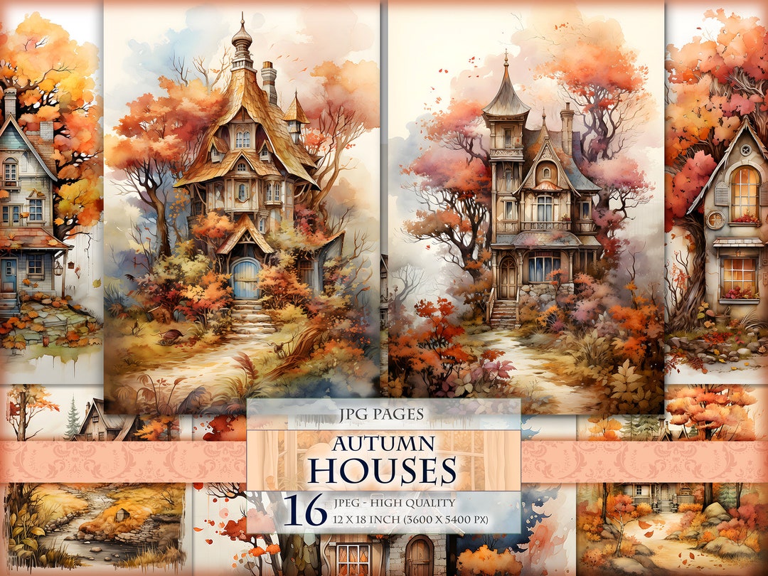 Autumn Houses View, Fall Landscape Watercolor Printable Pages, HQ 16 ...