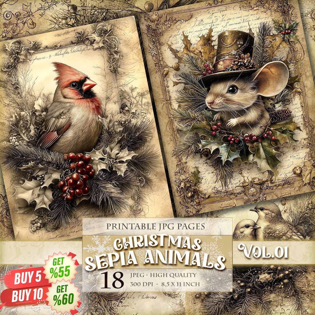 Christmas Sepia Animals Vol.01, Printable HQ 18 JPG Images 8,5 X 11 ...