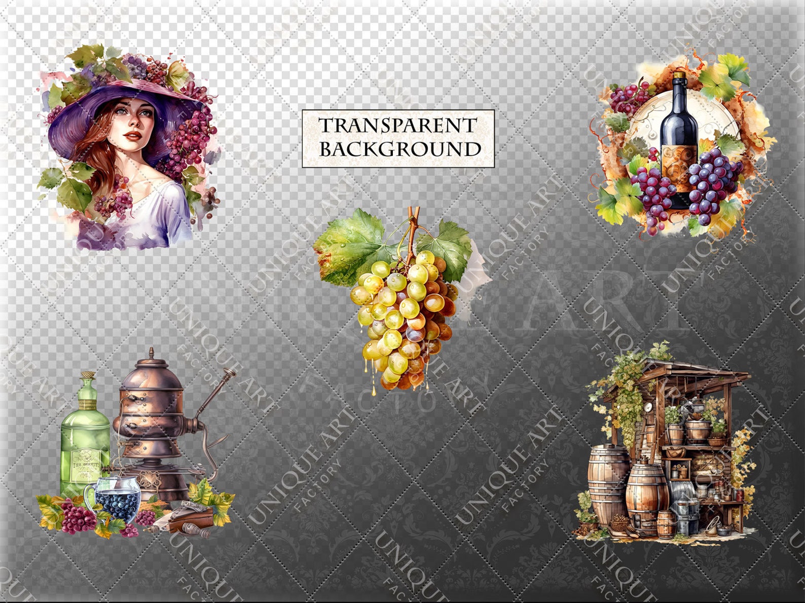 Red Wine and Grapes Watercolor Clipart Bundle HQ Printable PNG Format ...