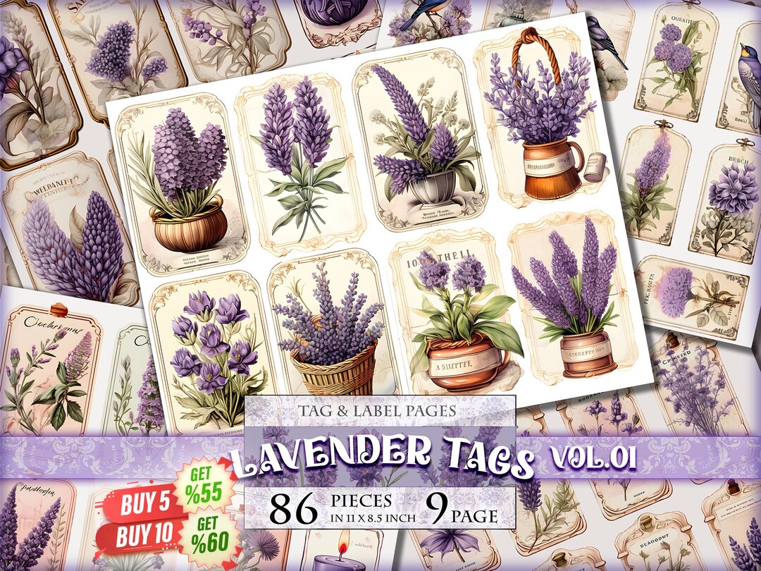 Lavender Tags Vol01, Labels, ATC, Watercolor Junk Journal ...