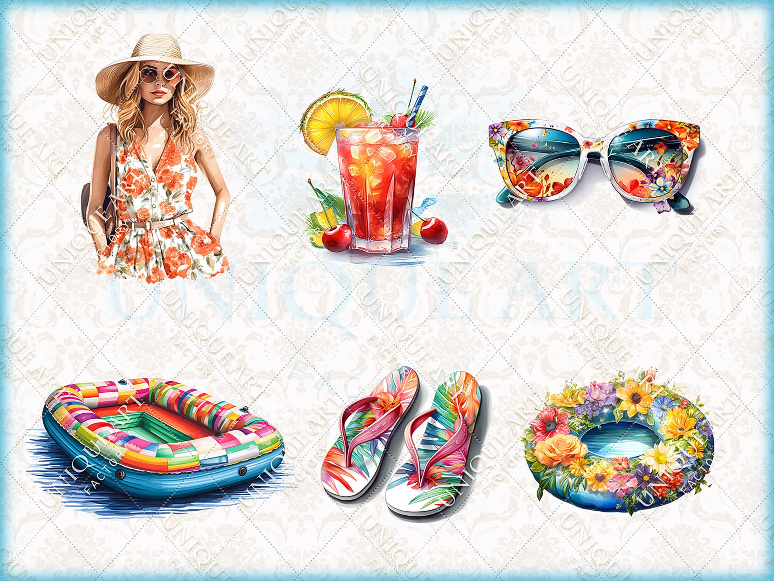 Summer Beach - Colorfully, Watercolor Clipart Bundle, 32 HQ Printable ...