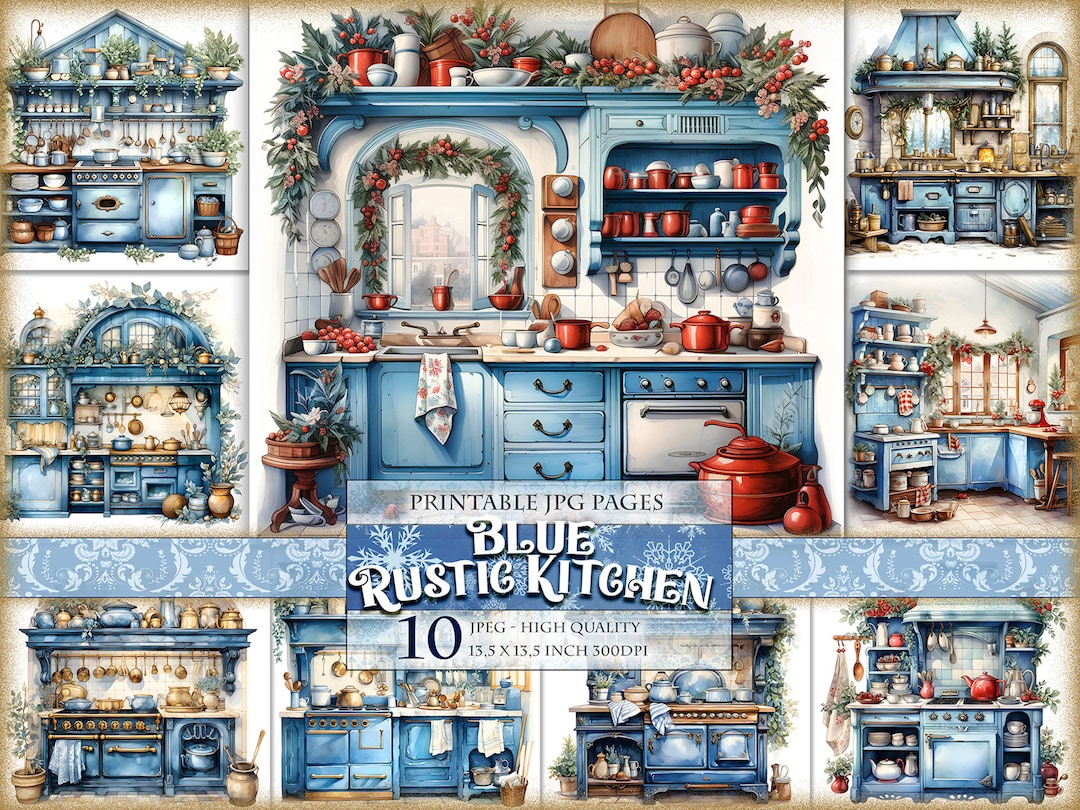 Rustic Blue Kitchens, Watercolor Printable Pages, Digital Collage Sheet ...