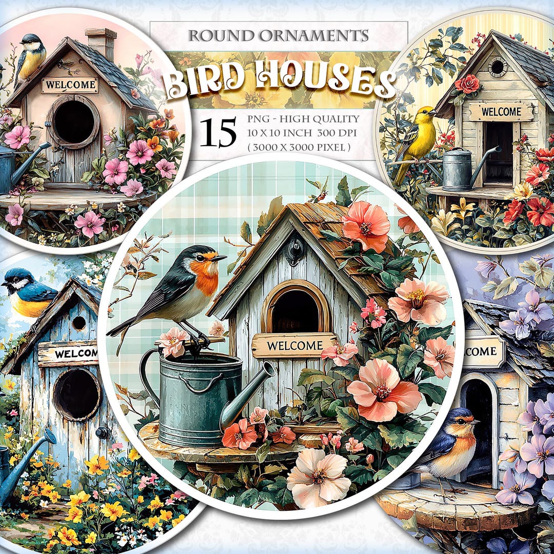 Bird Houses Round Cliparts, Printable 25 HQ PNG Image, Spring Floral ...
