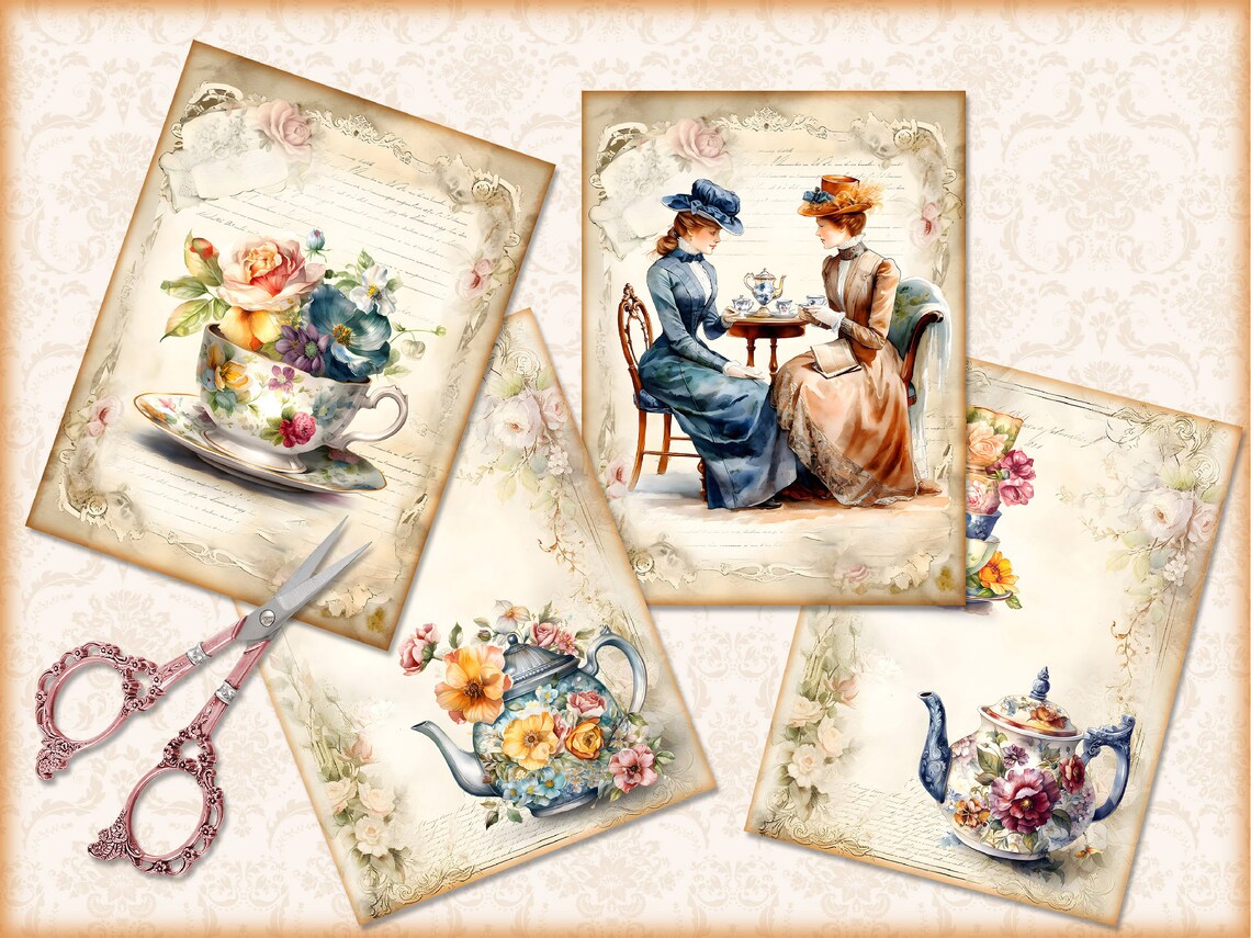 Vintage Floral Tea Set Themed Junk Journal Pages 14 Pcs JPG - Etsy