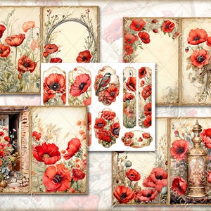 Poppies, Poppy Flower, Watercolor Floral Junk Journal Kit, 18 JPG 11X8 ...