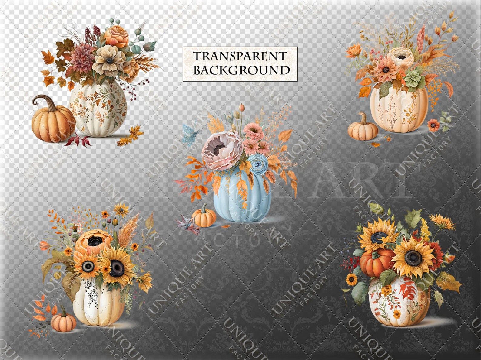 Pumpkin Floral Bouquets, Autumn, Watercolor Clipart Bundle, HQ ...