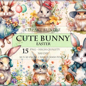 Cute Bunnys Easter Watercolor Clipart Bundle Rabbits and - Etsy