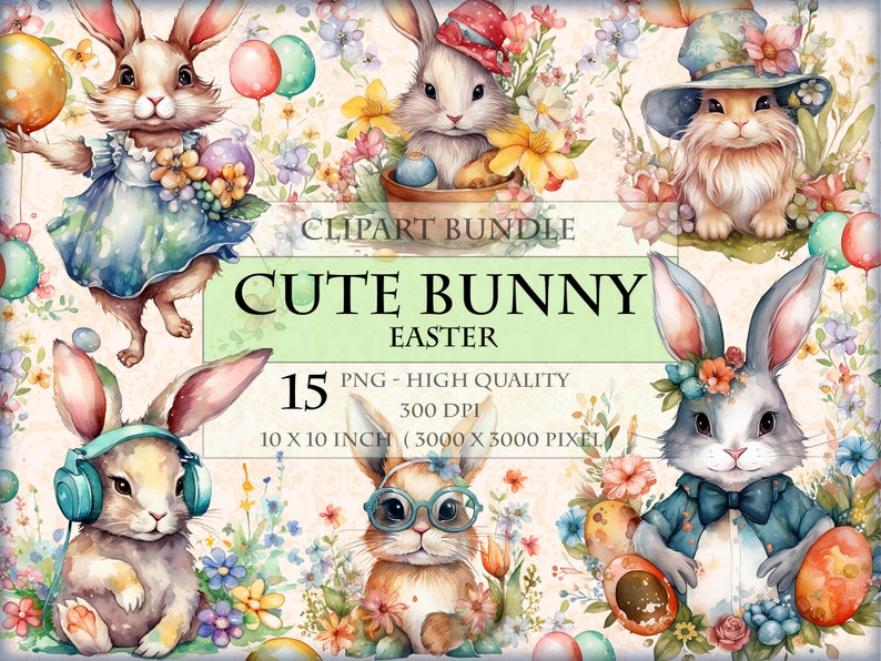 Cute Bunnys Easter Watercolor Clipart Bundle Rabbits and - Etsy