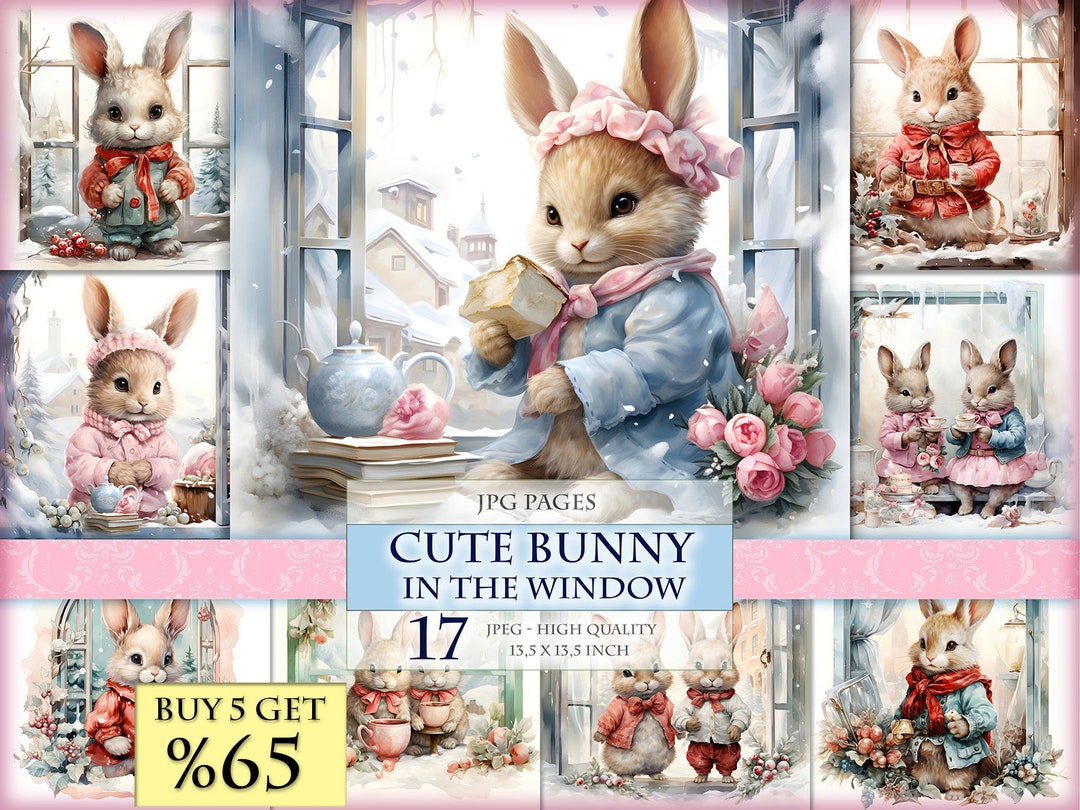 Cute Bunny in the Window, Watercolor Printable Pages, HQ 17 JPG 13,5 X ...