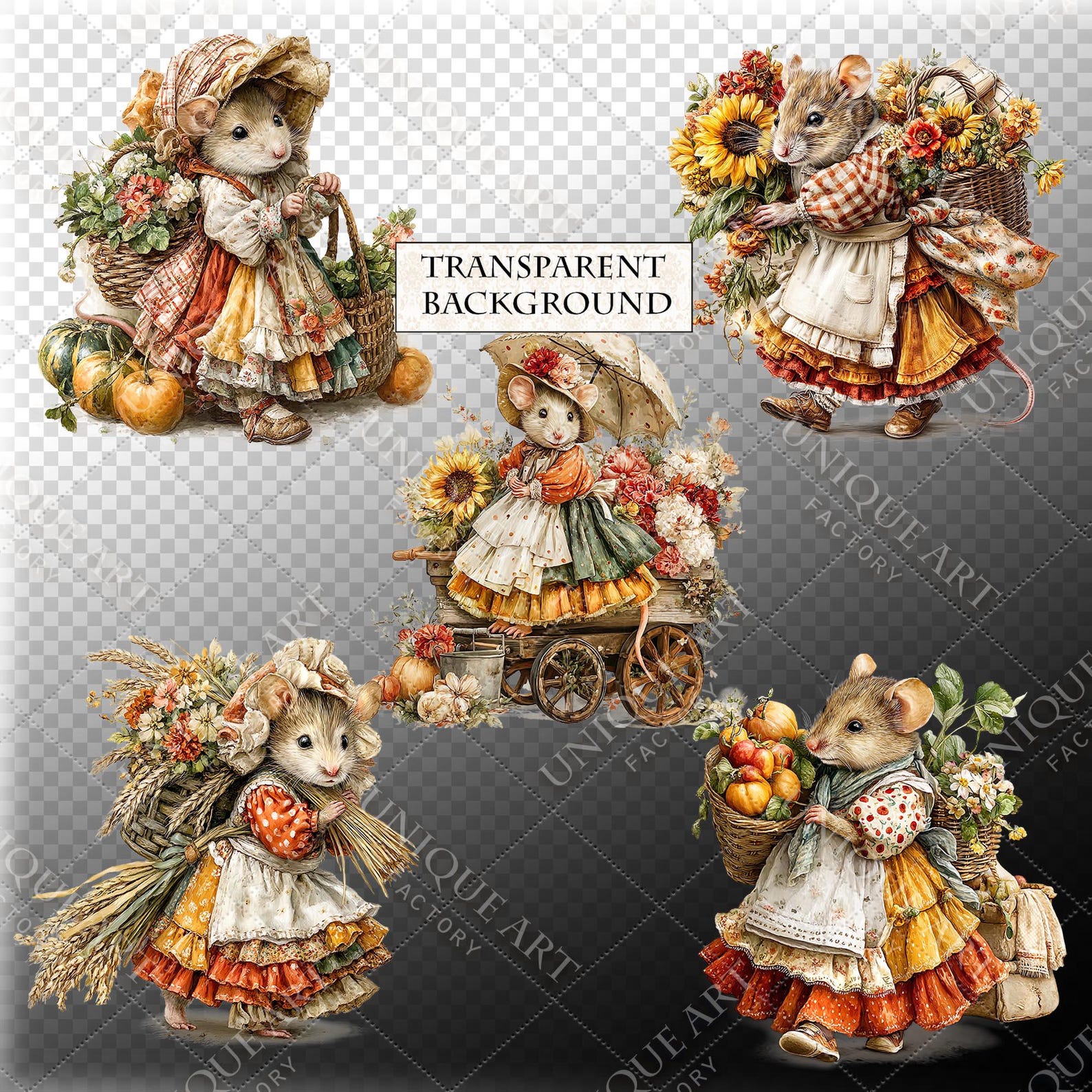 Autumn Harvest Mouse, Victorian Mice, Printable 15 PNG Clipart, Fall ...