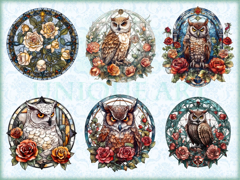 Owl and Roses Stained Glass Watercolor Clipart Bundle HQ - Etsy