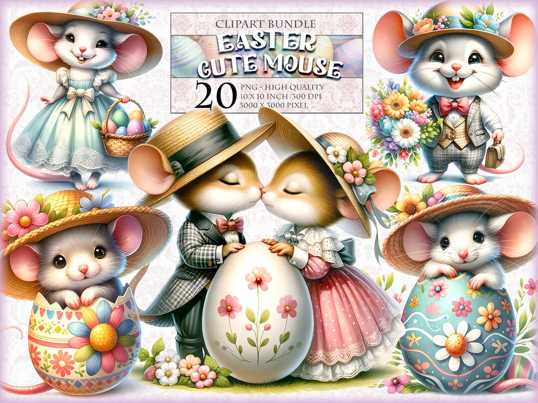 Easter Cute Mouse, Watercolor Clipart Bundle, 20 HQ Printable PNG, Junk ...